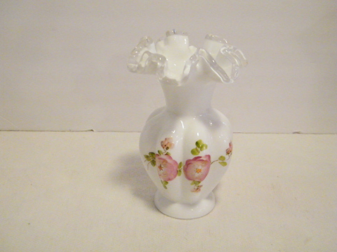 Fenton Silver Crest Vase With Hand Painted Pink Flowers Ribbed Pattern ...