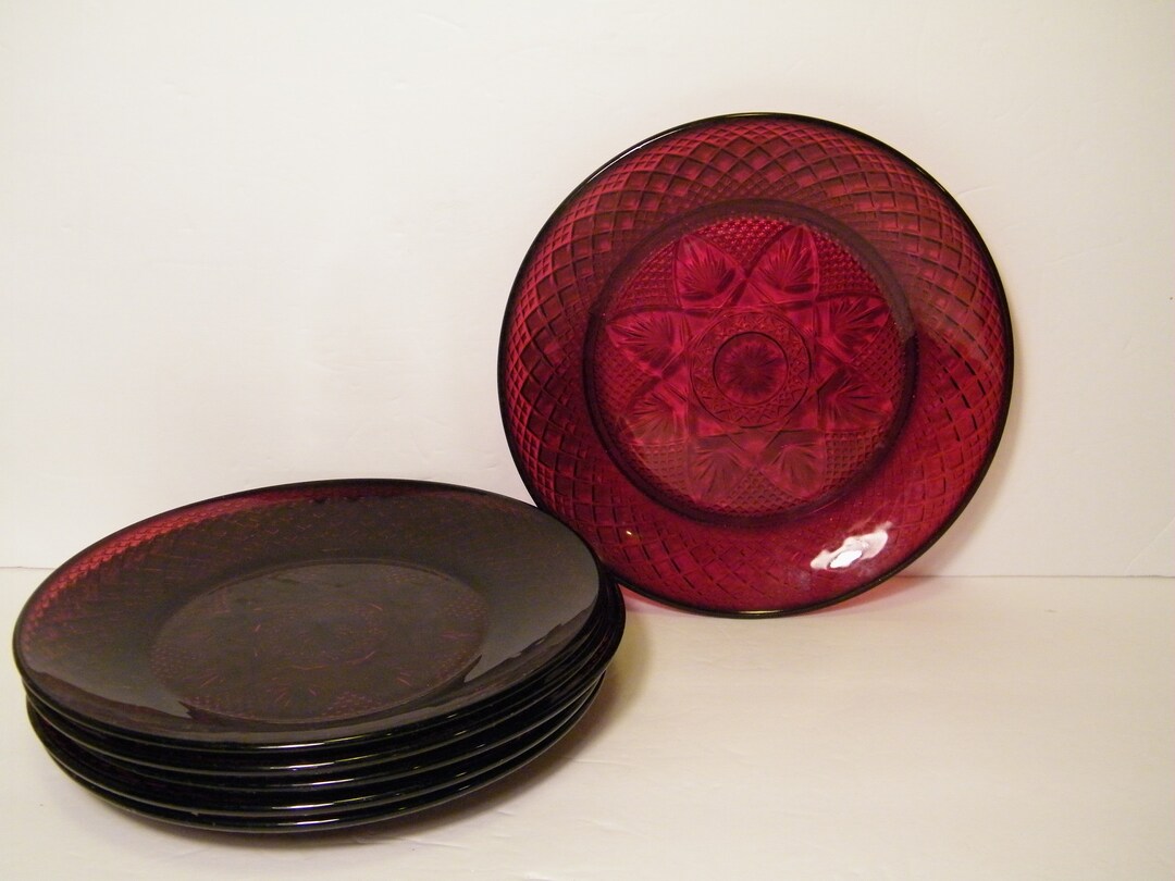 6 Ruby Red Glass Salad Plates With Pressed Cut Patterns on Bottoms ...