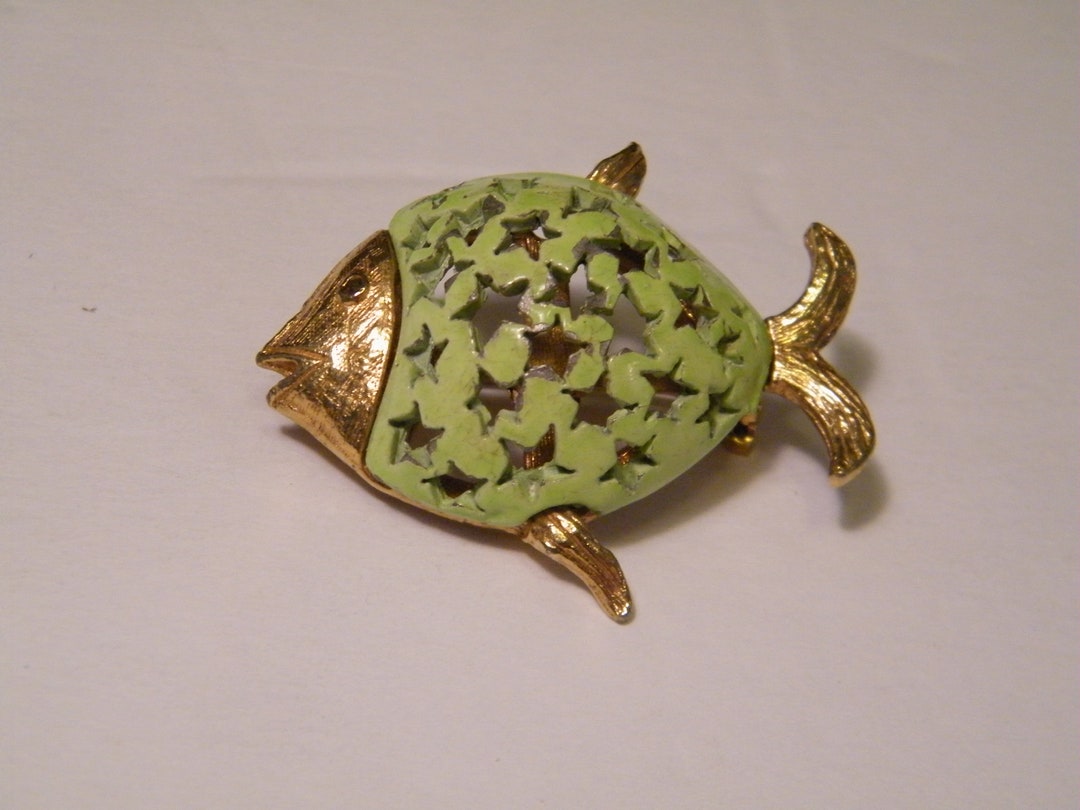 RARE LJM Green Enamel Fish Brooch With Golden Metal Accents and Cut Out ...