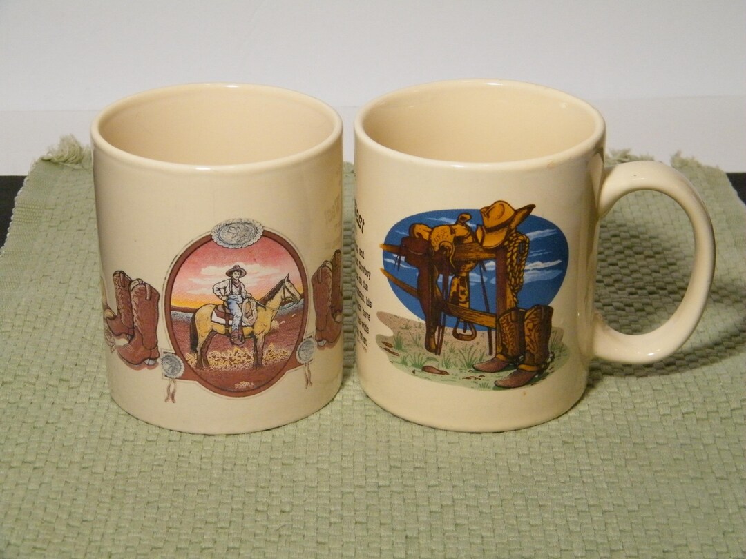 2 Western Theme Coffee Mugs in Boots and Saddles Patterns, Vintage ...