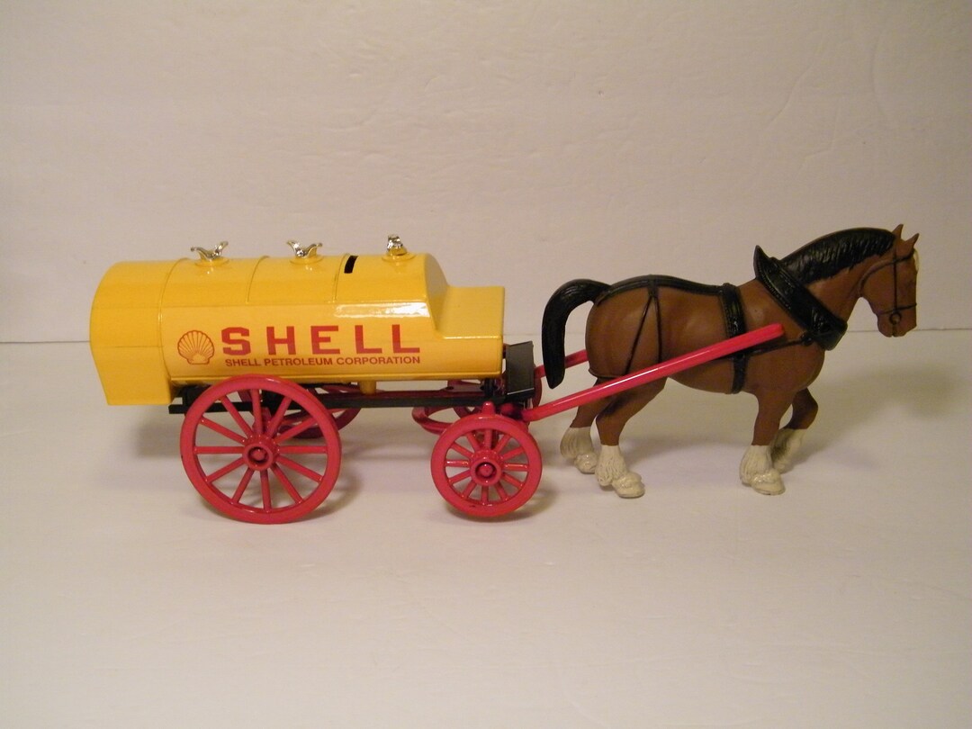 Shell Horse Drawn Tanker Wagon Bank, Vintage Die Cast Wagon and Horse ...