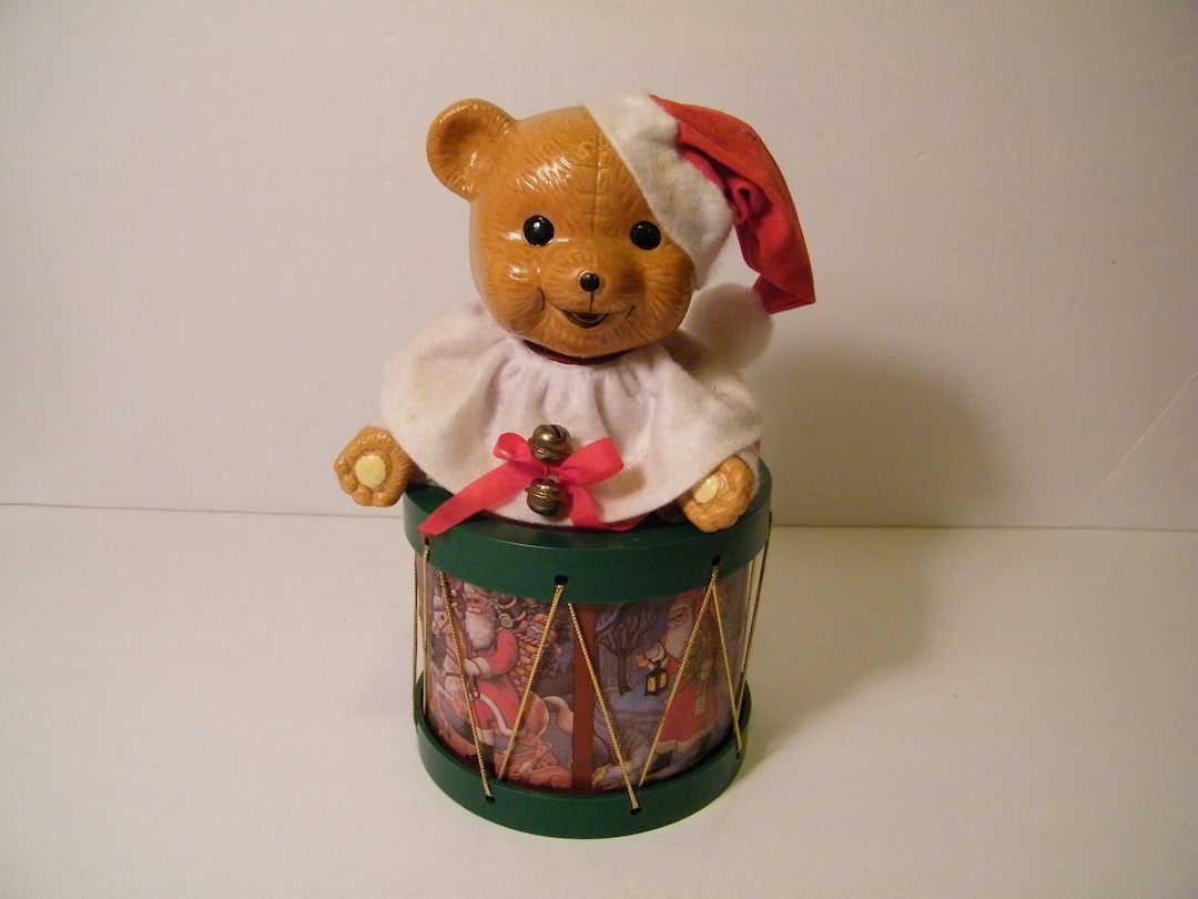 Vintage Musical Teddy Bear in Drum Motion Decor, Sweet Wind up Teddy ...