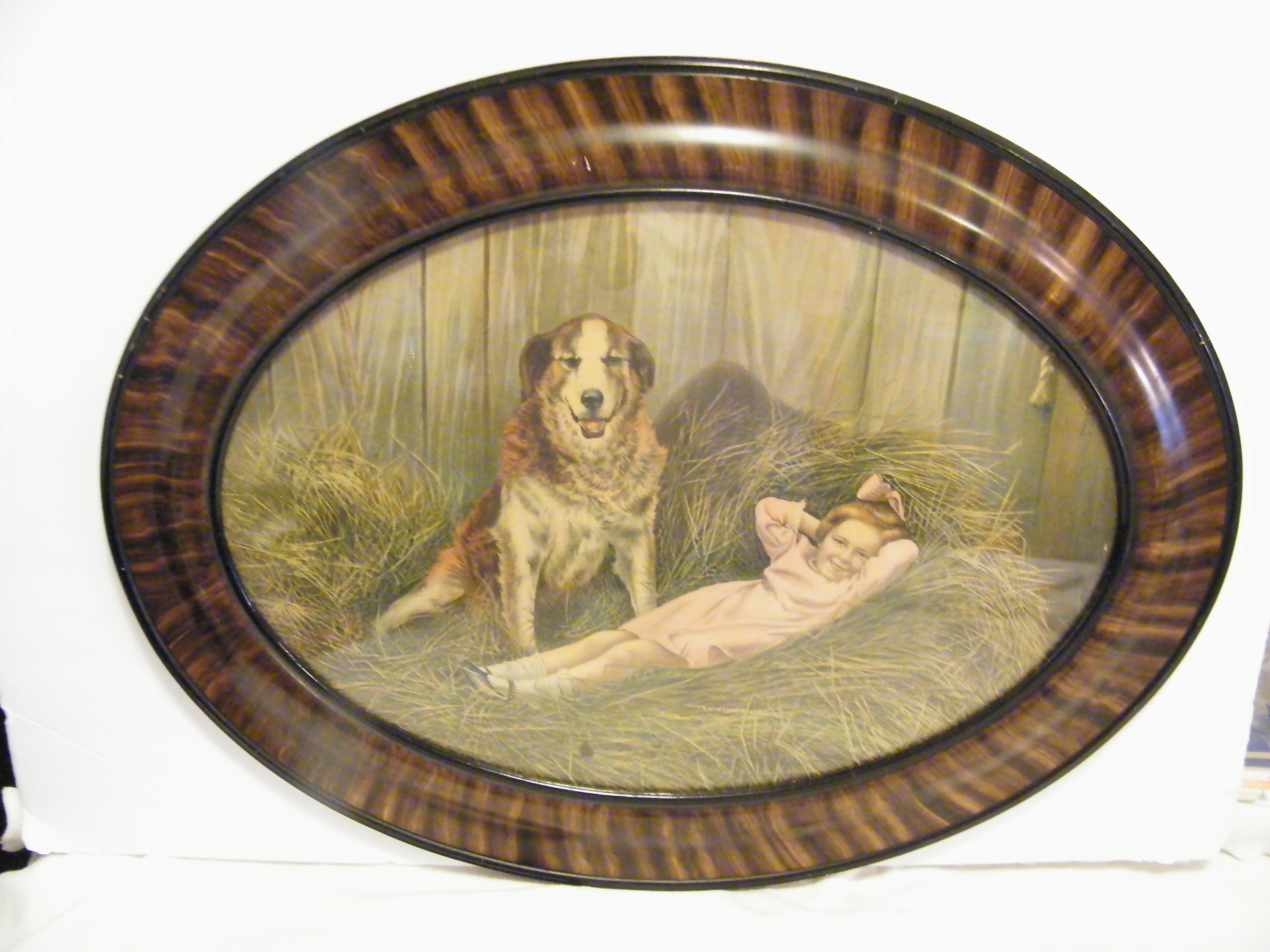 Large Oval Tiger Wood Frame With Antique Portrait Girl and Dog, Vintage ...