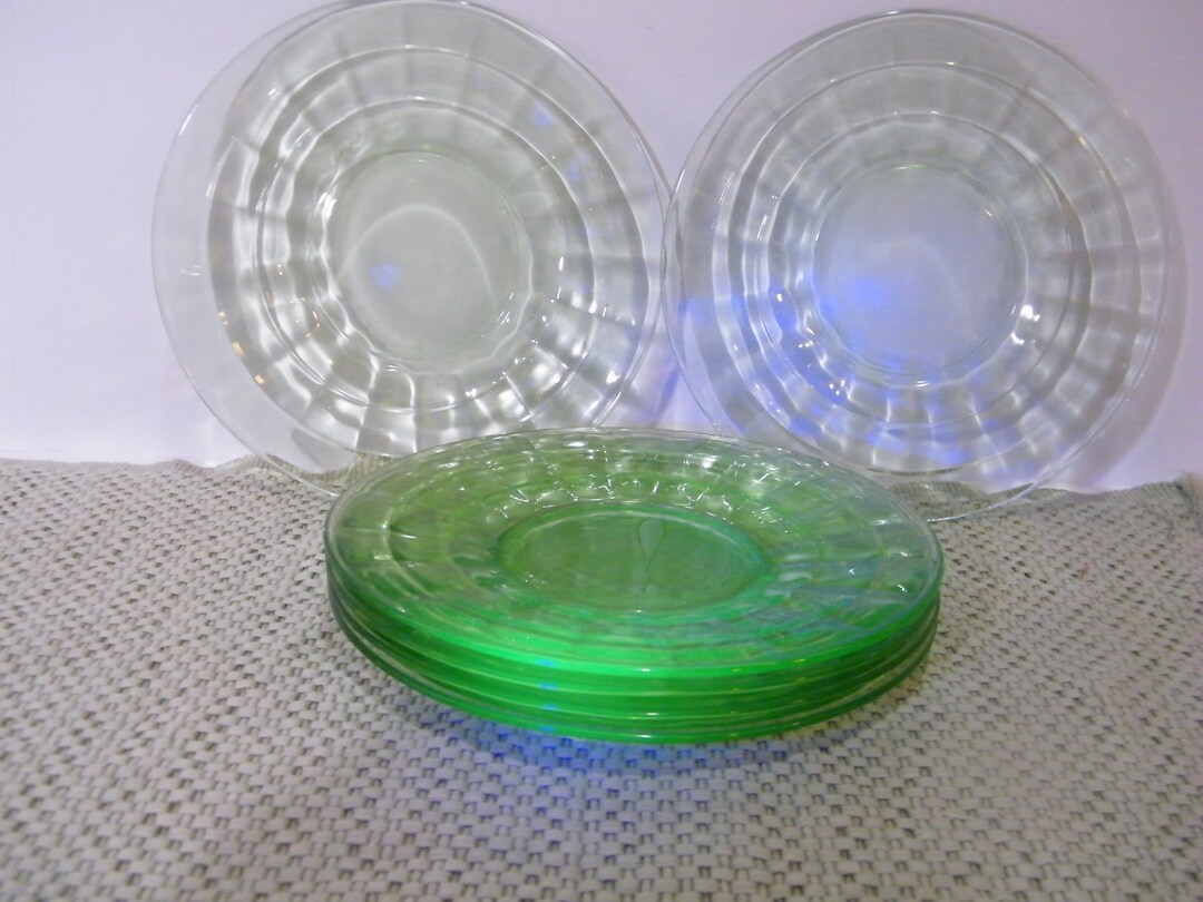 6 Vaseline Glass Saucers in Block Optic Pattern From Anchor Hocking ...