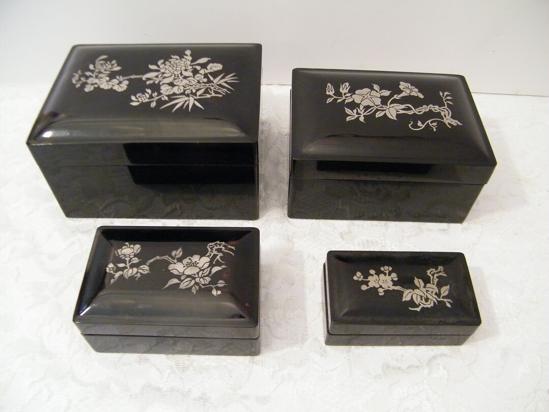 Asian Black Lacquered Nesting Boxes Set, 4 Vintage 1970s Plastic ...