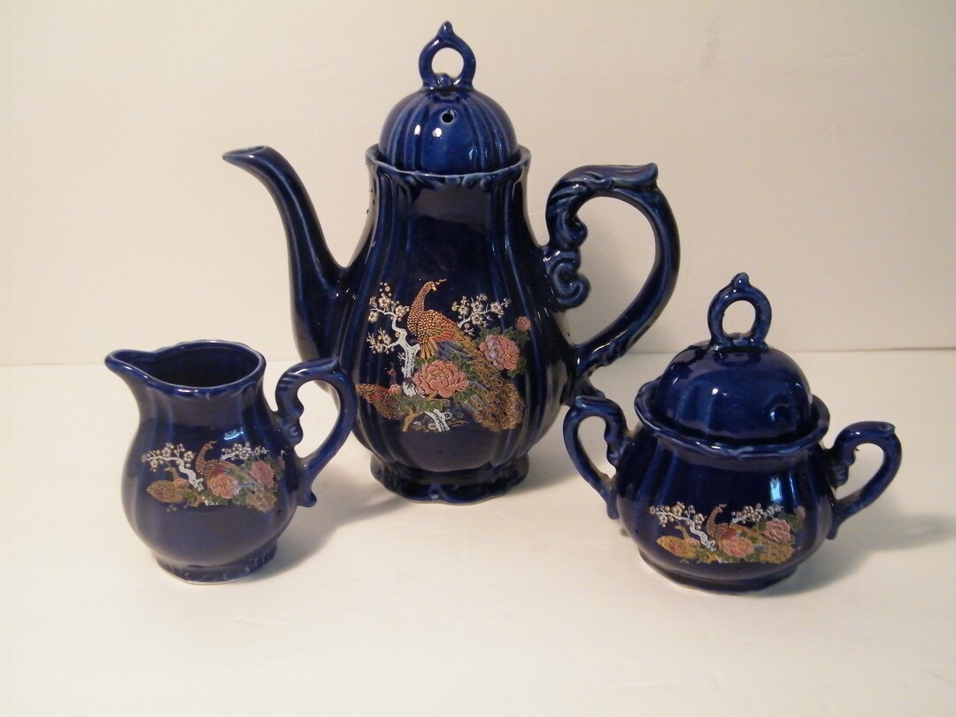 Cobalt Blue Tea Set in Golden Peacock Pattern, Vintage Unmarked 5 Piece ...