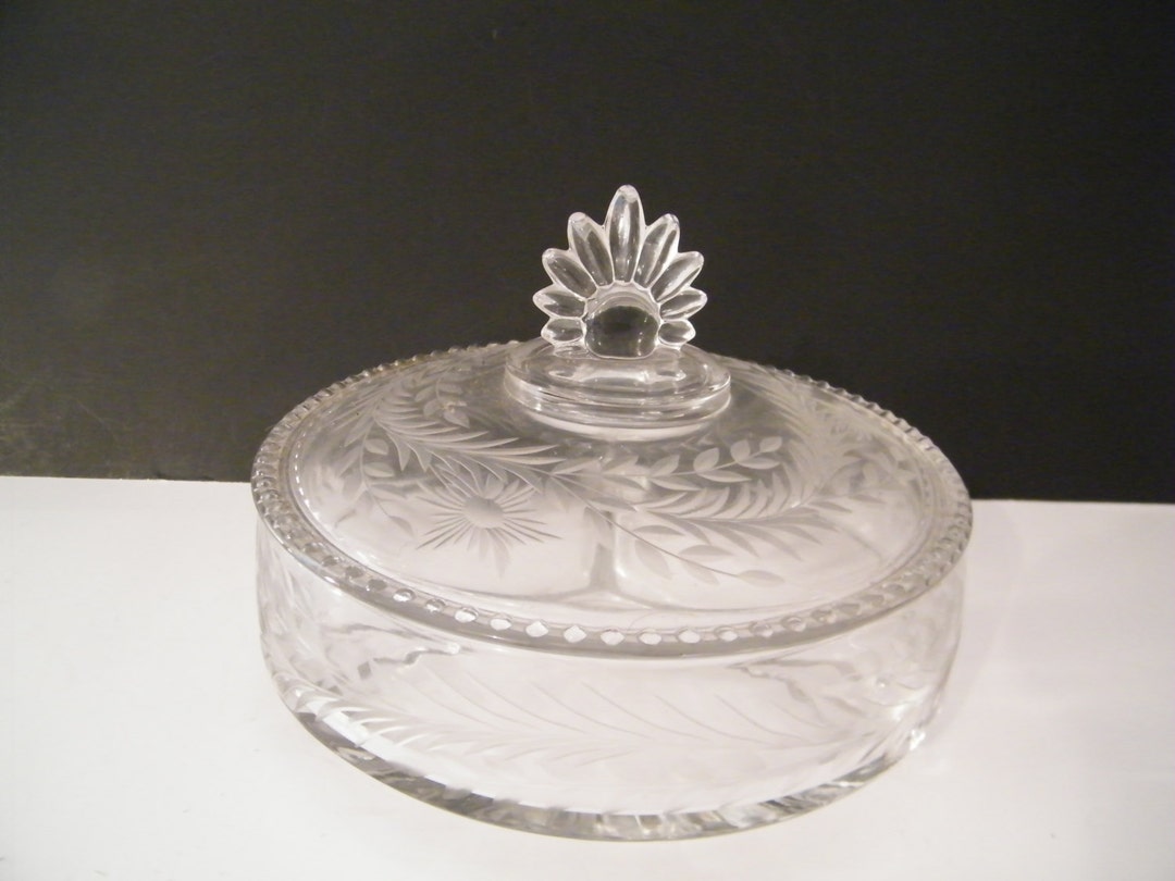 Mckee Glass Divided Candy Box Etched Floral, Vintage Early 1900s Prescut Glass Innovation Series ...