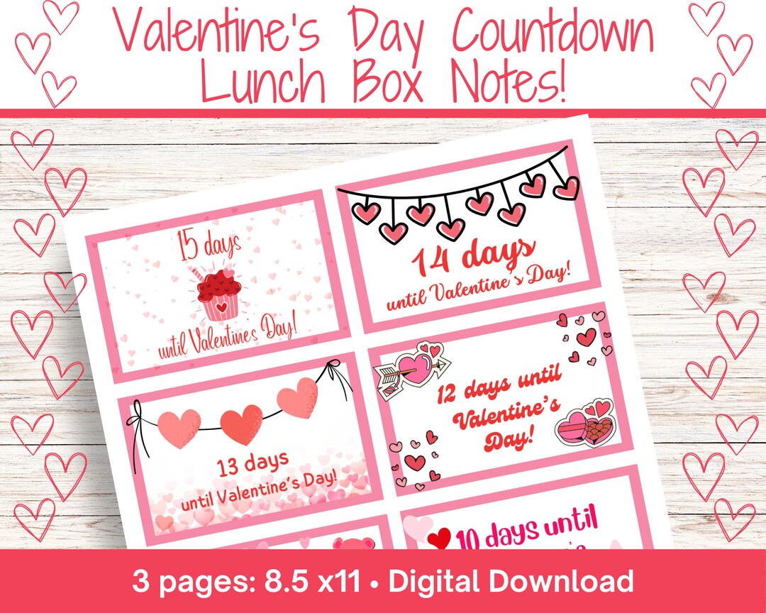 Valentine's Day Countdown Lunch Box Notes Printable Valentine's Day ...
