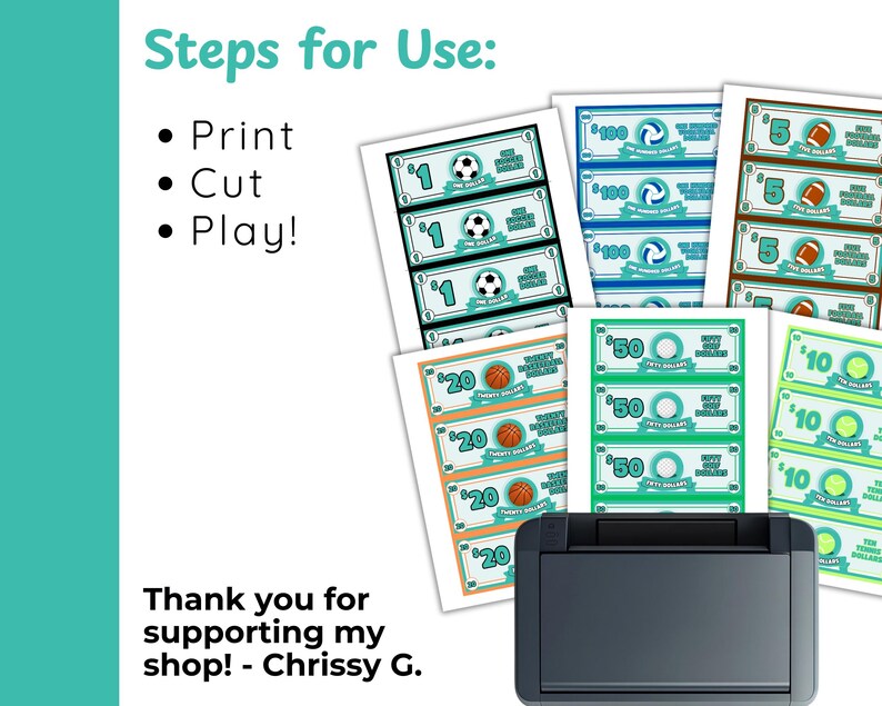 Printable Kids Sports Play Money, Pretend Money, Classroom Money, Kids ...
