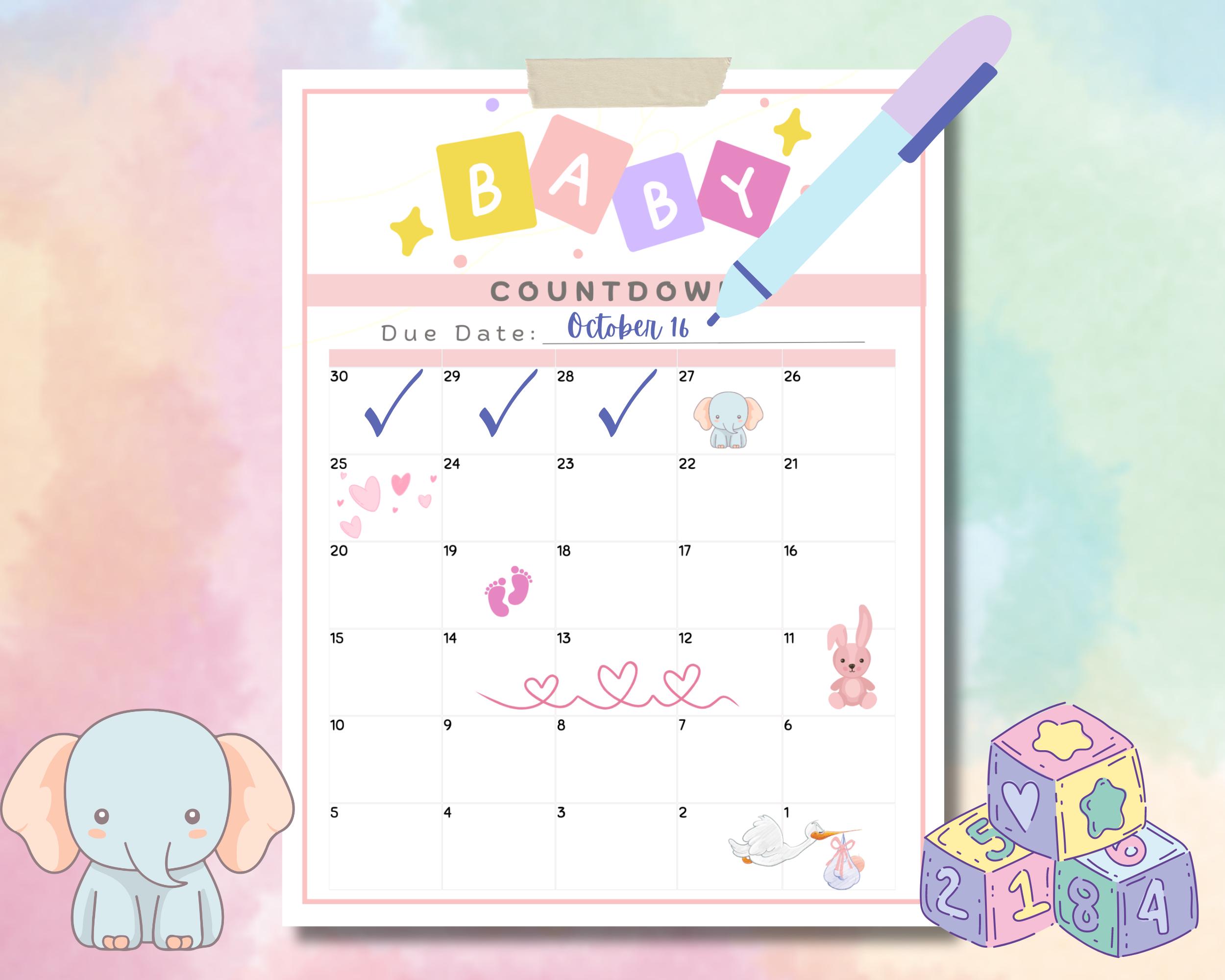 Printable 30 Day Baby Countdown, Baby Day Countdown, Pregnancy Countdown - Etsy