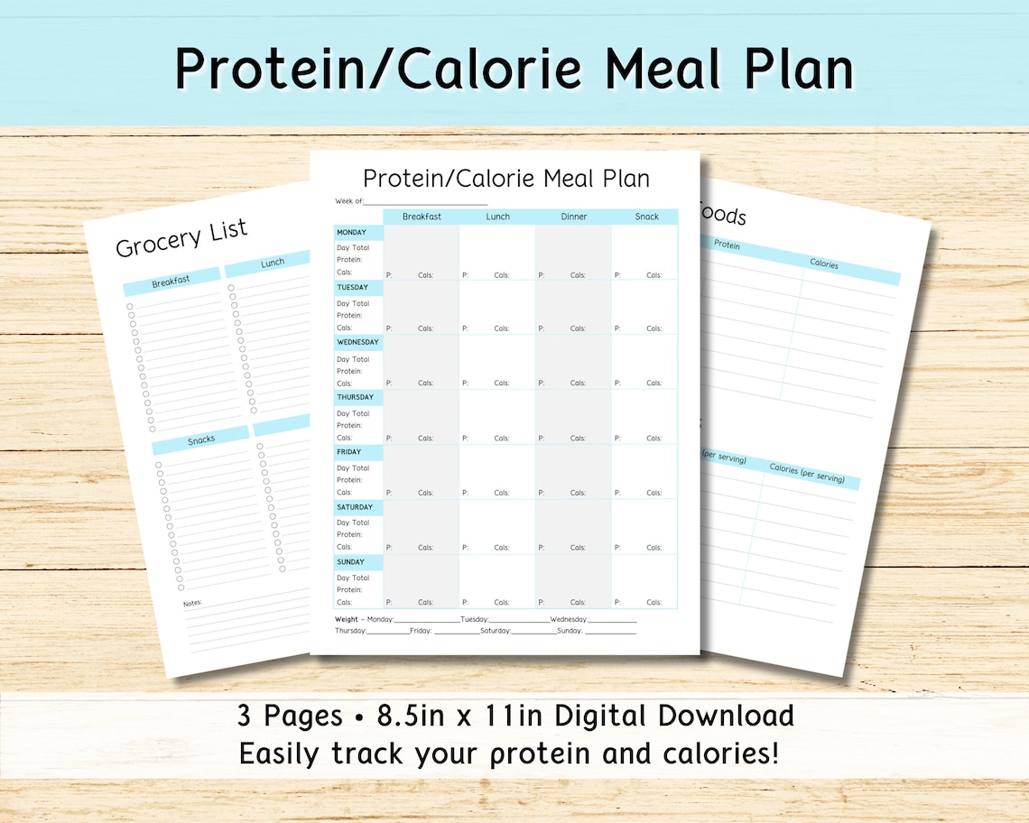Printable Protein and Calorie Meal Plan, Grocery List - Etsy