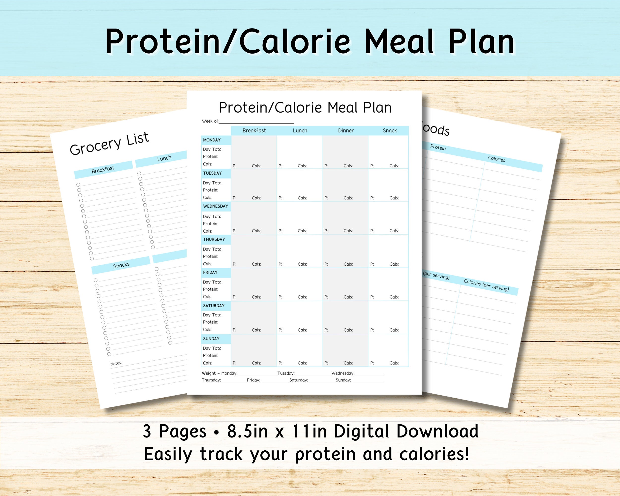 Printable Protein and Calorie Meal Plan, Grocery List - Etsy