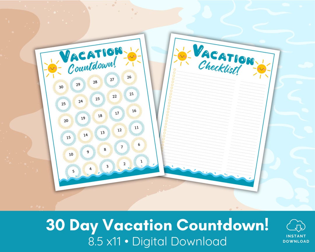 Printable 30 Day Vacation Countdown, Vacation Checklist, Kids Vacation ...