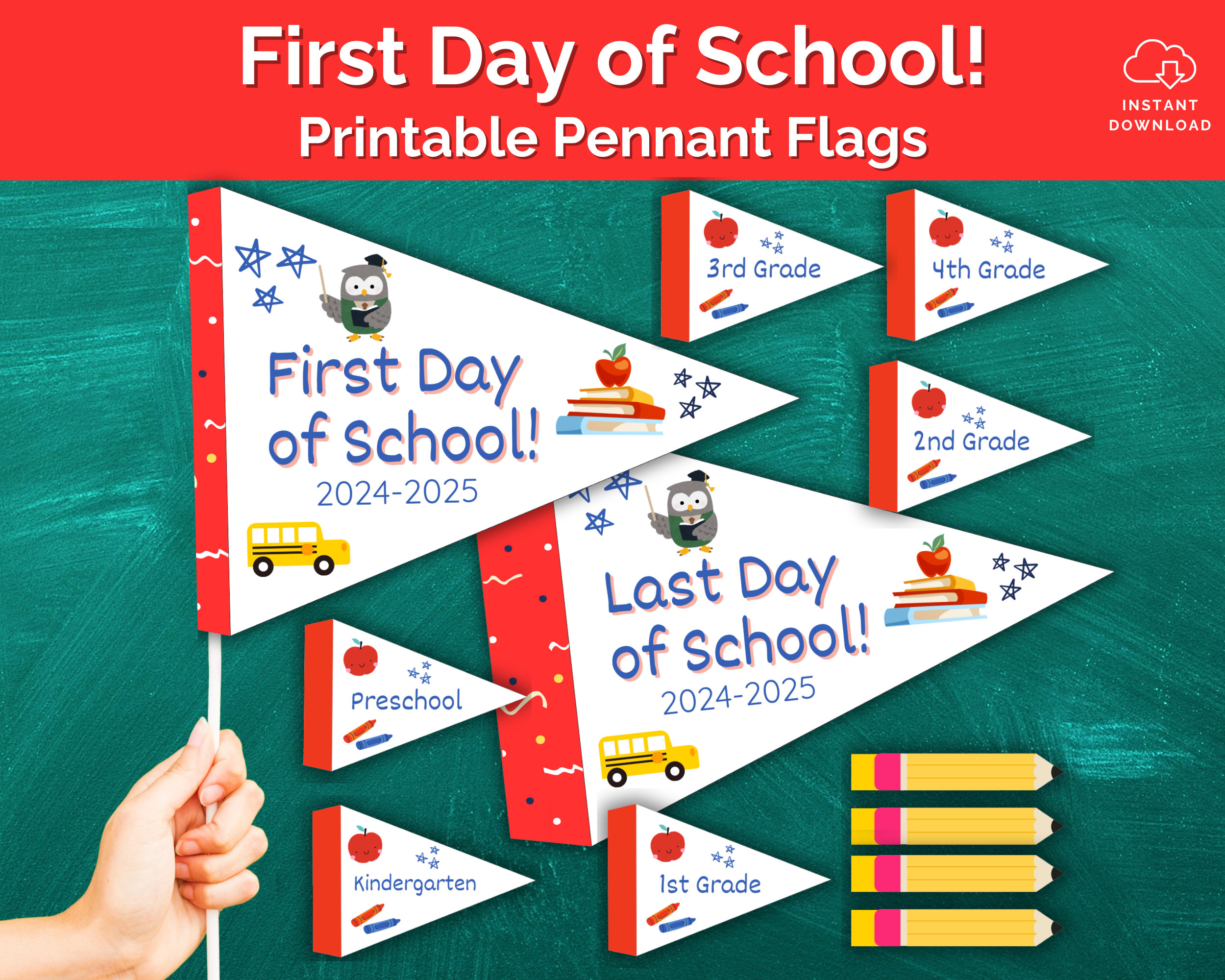 Printable First Day of School Flag, Back to School Pennant Flag, School ...