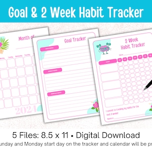 Printable Daily Goal Tracker, Two Week Habit Tracker, Monthly Calendar ...