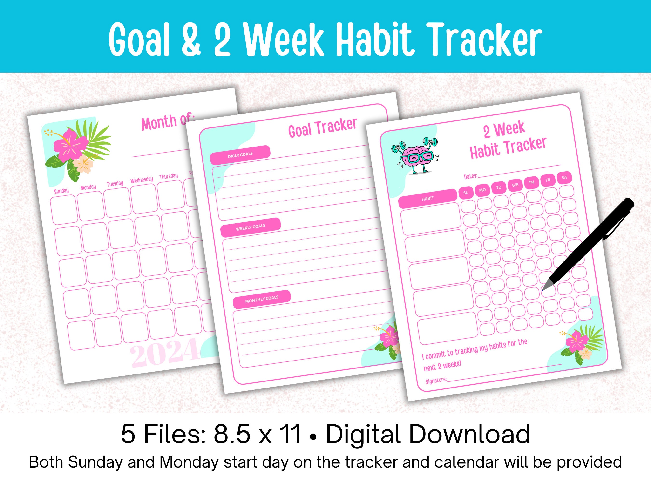 Printable Daily Goal Tracker, Two Week Habit Tracker, Monthly Calendar ...