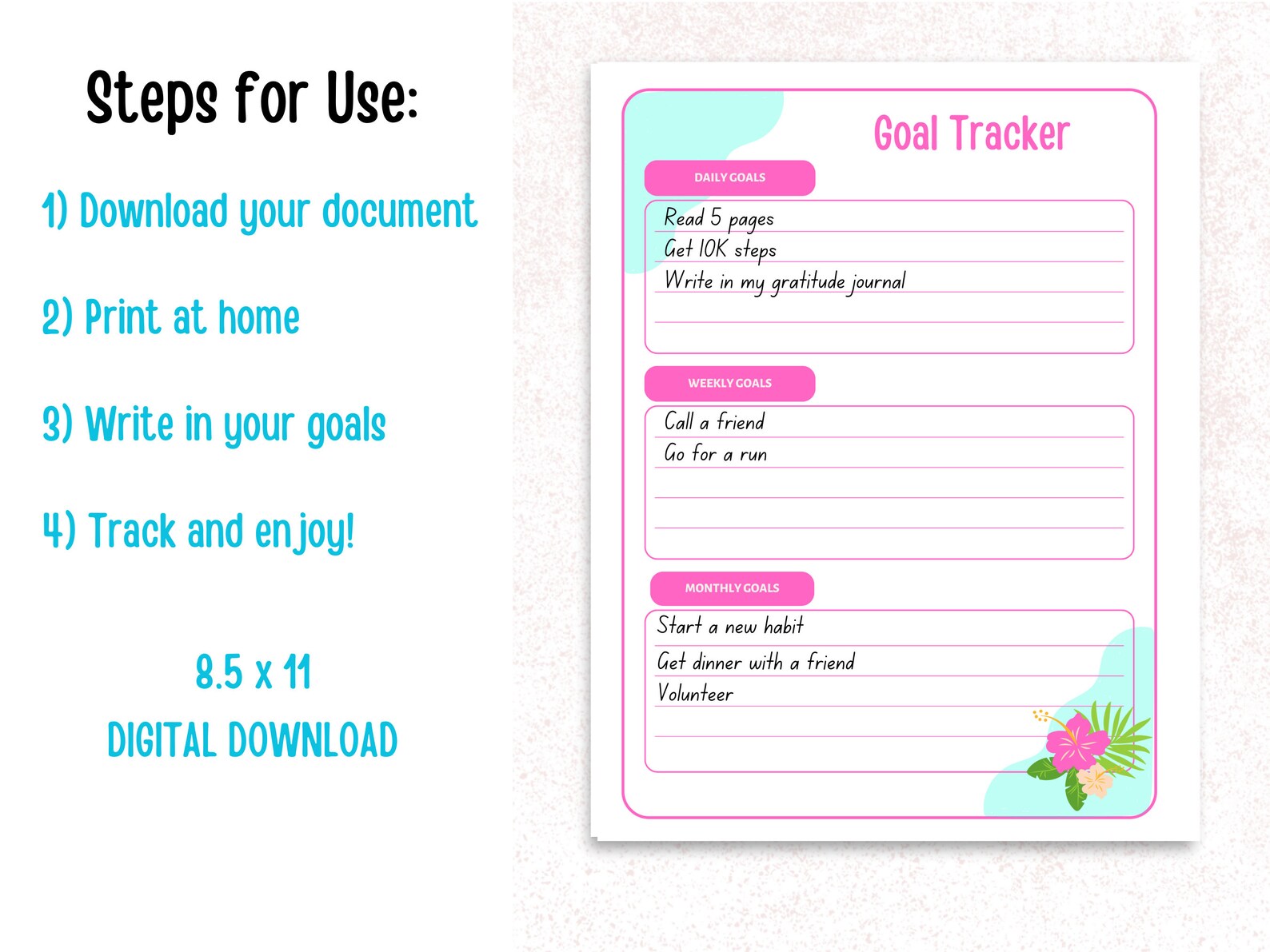 Printable Daily Goal Tracker, Two Week Habit Tracker, Monthly Calendar ...