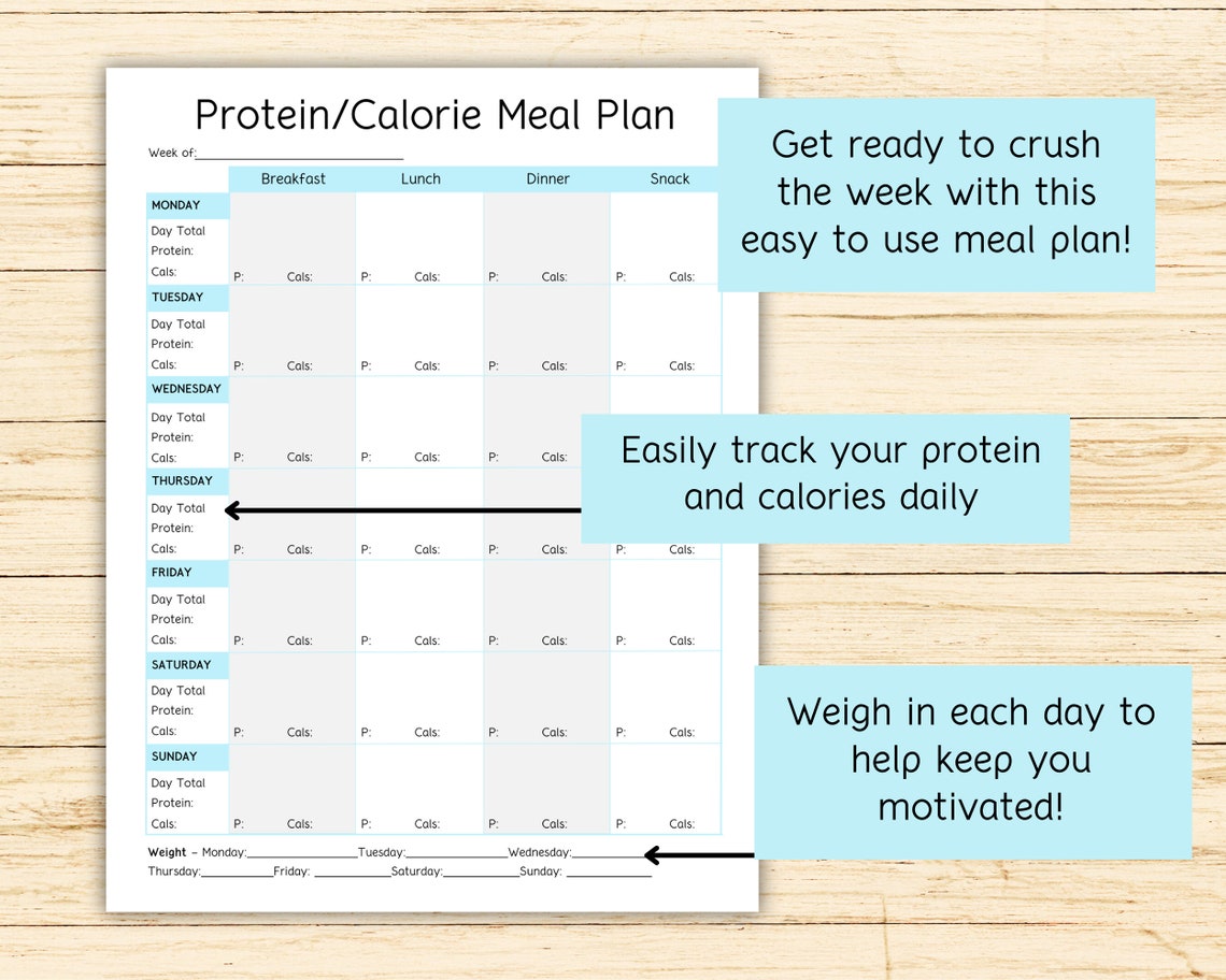 Printable Protein and Calorie Meal Plan, Grocery List - Etsy