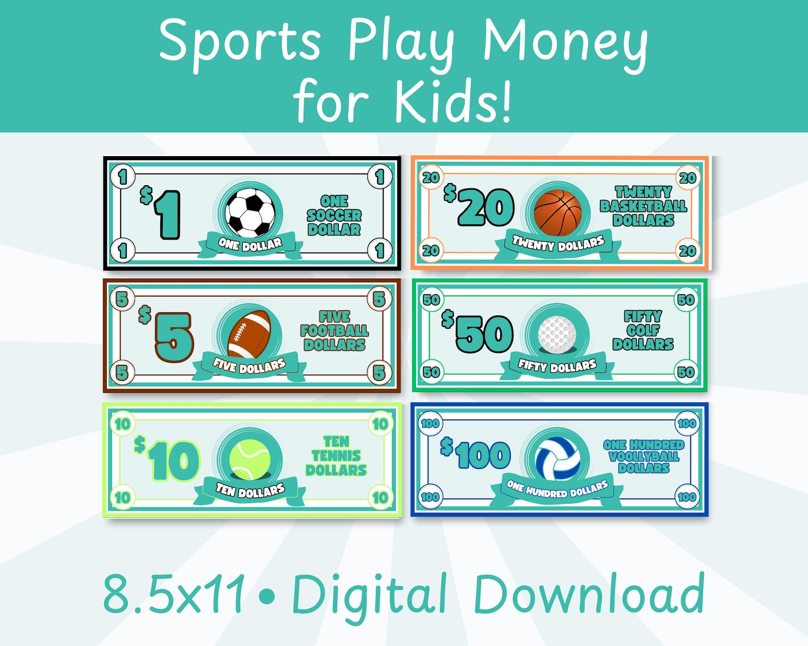Printable Kids Sports Play Money, Pretend Money, Classroom Money, Kids ...