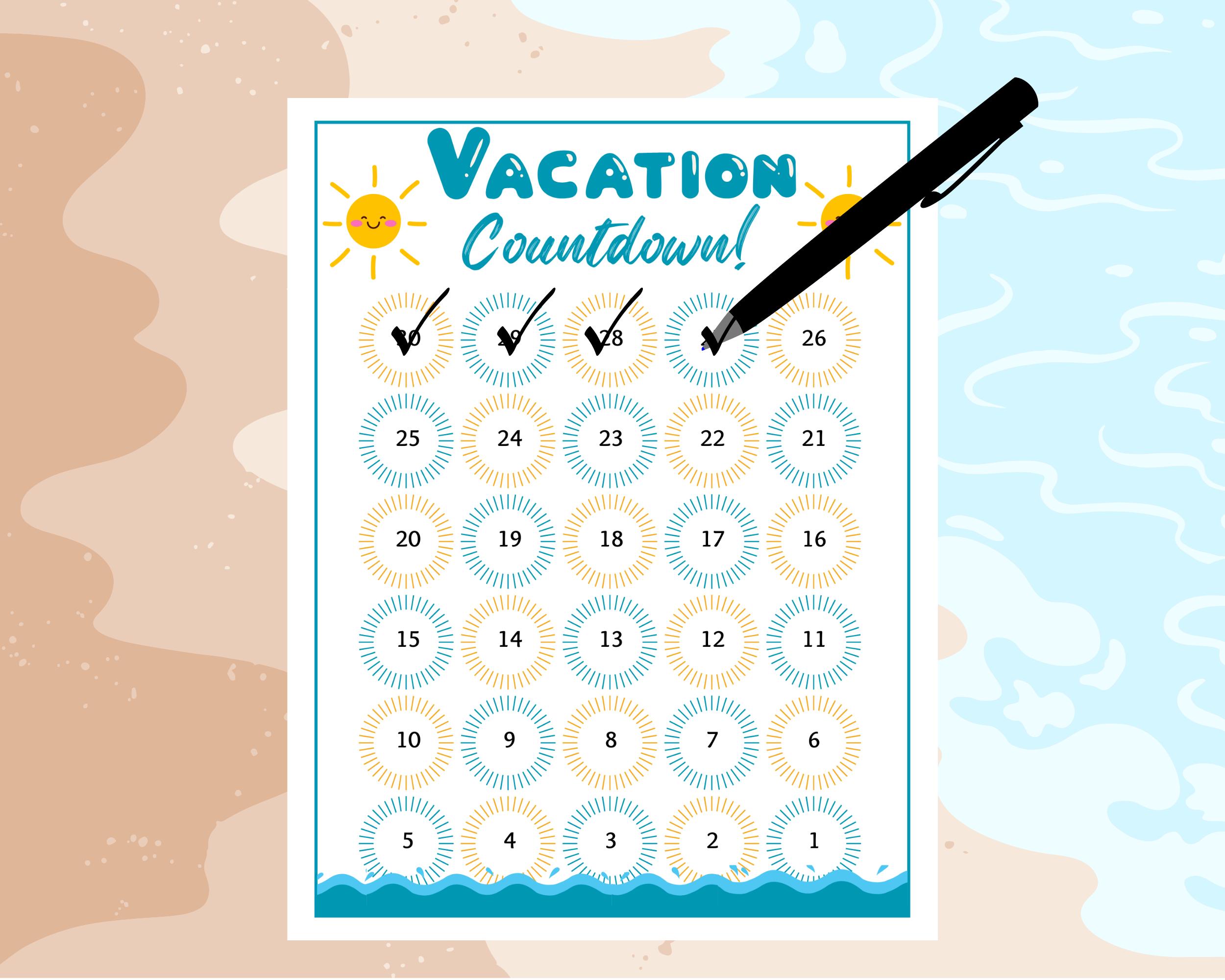 Printable 30 Day Vacation Countdown, Vacation Checklist, Kids Vacation ...
