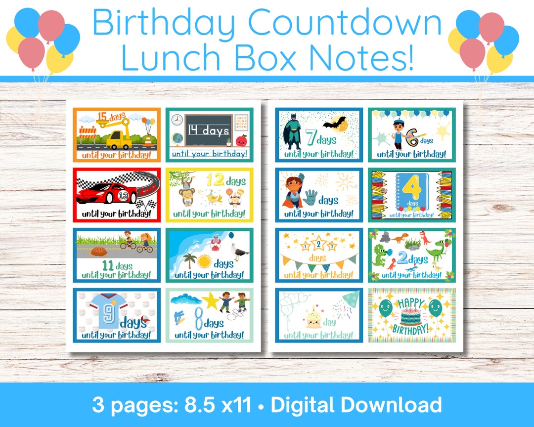 Birthday Countdown Lunch Box Notes Printable Birthday Lunch Box Notes ...
