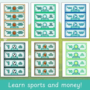 Printable Kids Sports Play Money, Pretend Money, Classroom Money, Kids ...