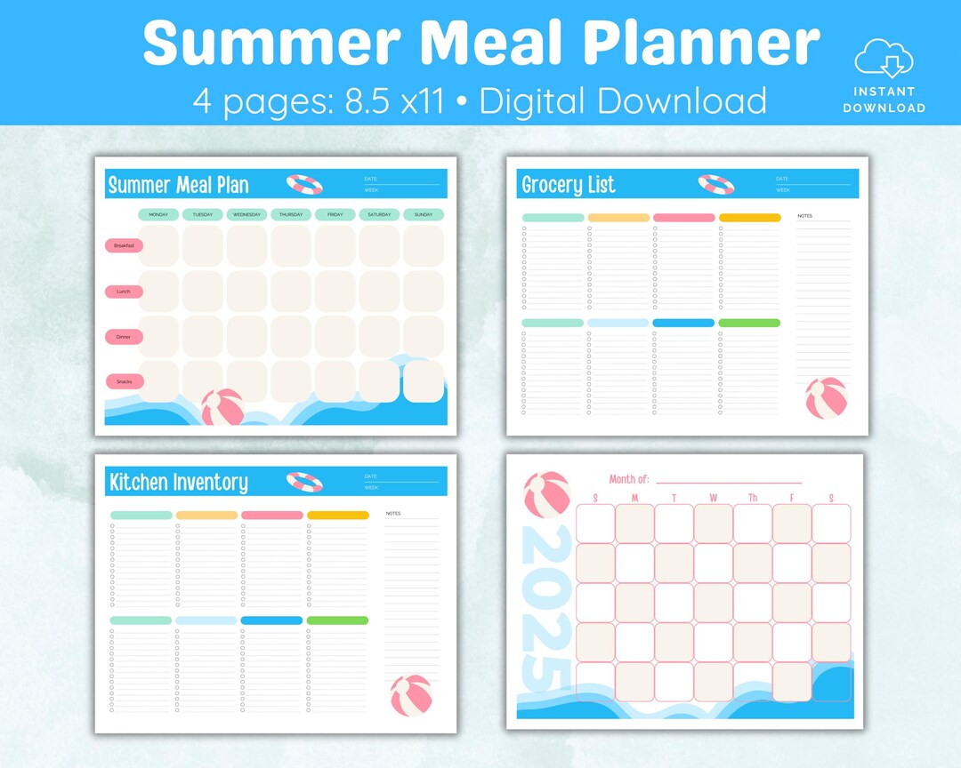Printable Summer Meal Planner, Meal Plan, Organized Meal Planning - Etsy
