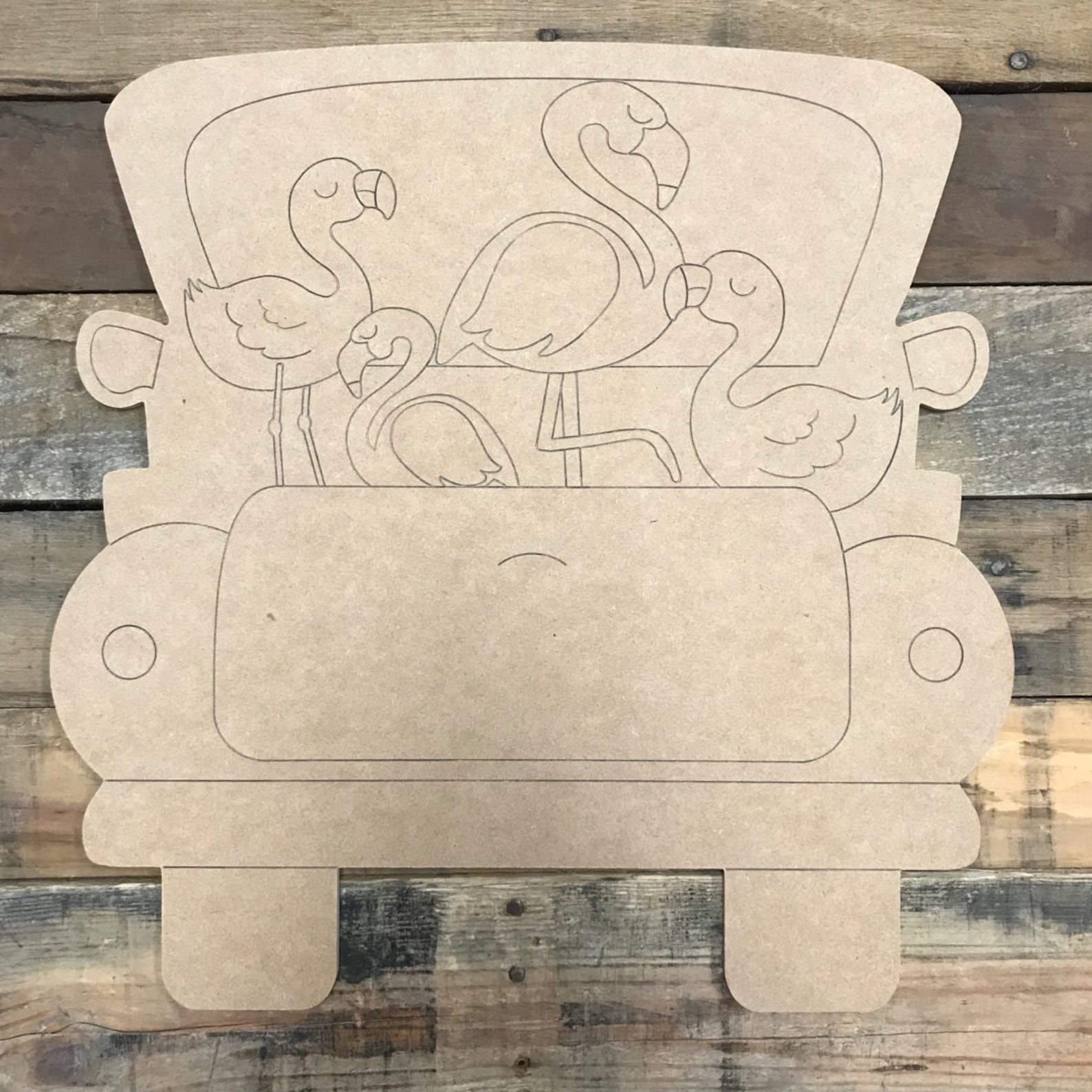 Flamingo Truck With Guide Lines, Summer Antique Pickup Truck With Birds ...