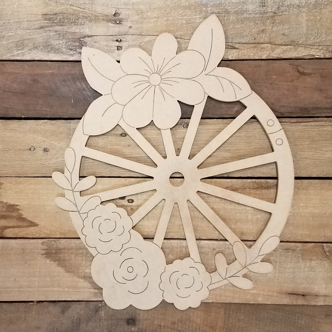 Wagon Wheel With Flowers Cutout, Unfinished Floral Western Wheel ...
