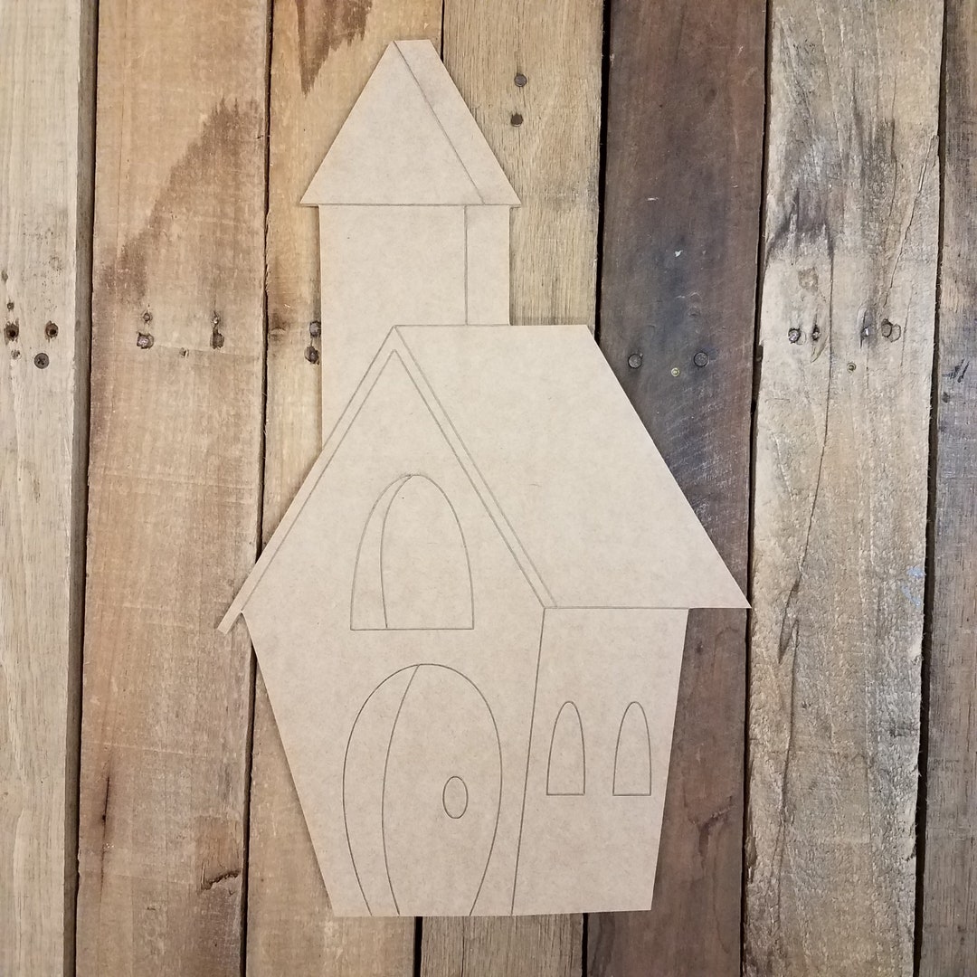 Church Building Craft Shape, Unfinished Wood, Paint by Line, Engraved ...