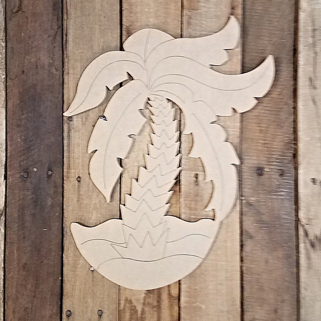 Palm Tree on Beach Cutout Tropical Wood Shape, Paint by Line Decor ...