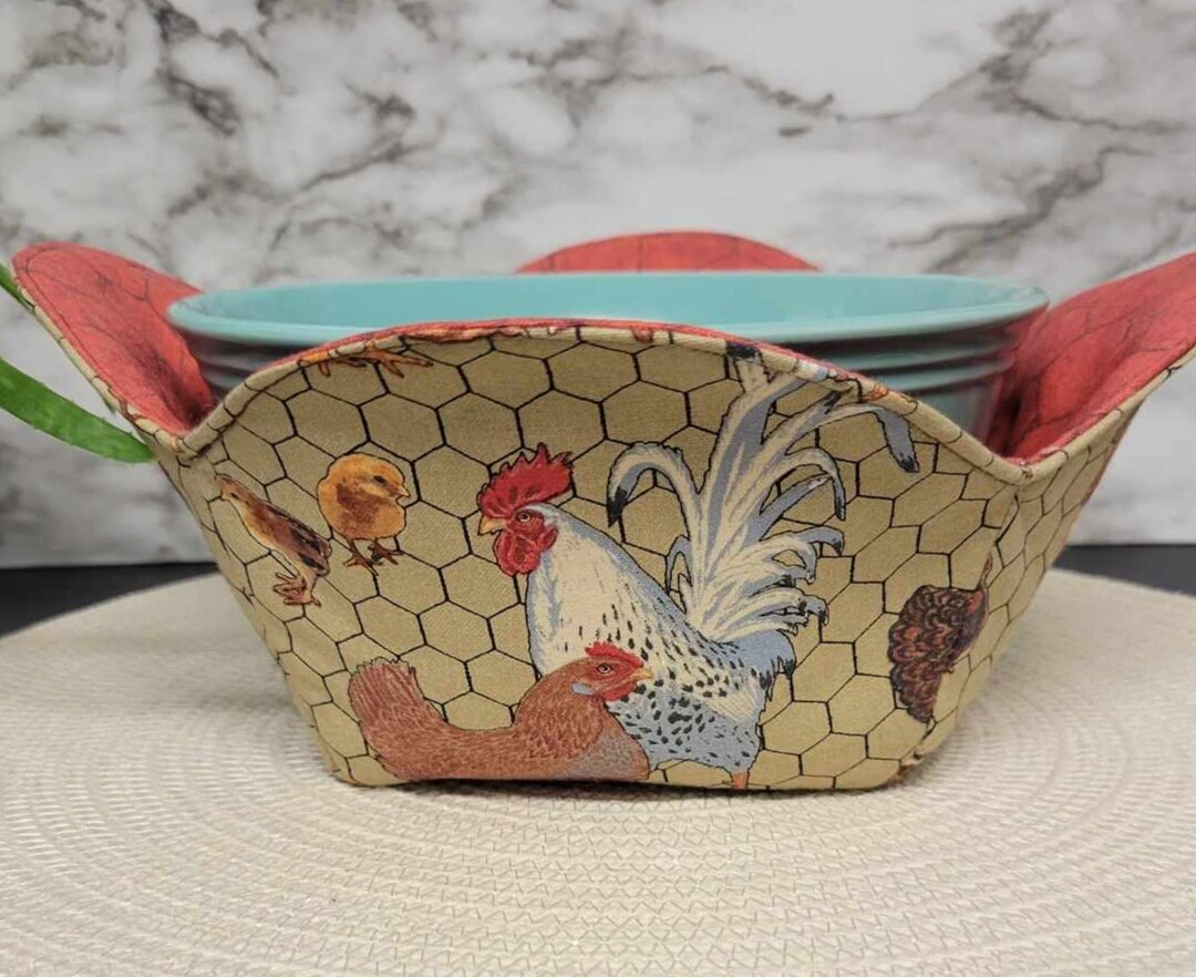 Country Chickens on Tan Fabric With Rust Color Chicken Wire Reversible ...