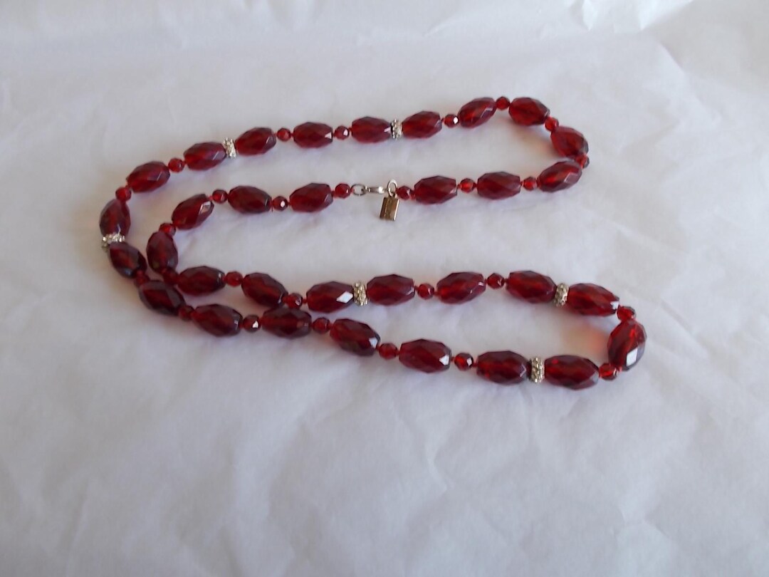 Vintage Ruby Red Beads and Rhinestone Long Necklace Signed Chaps to Wear or Crafts - Etsy