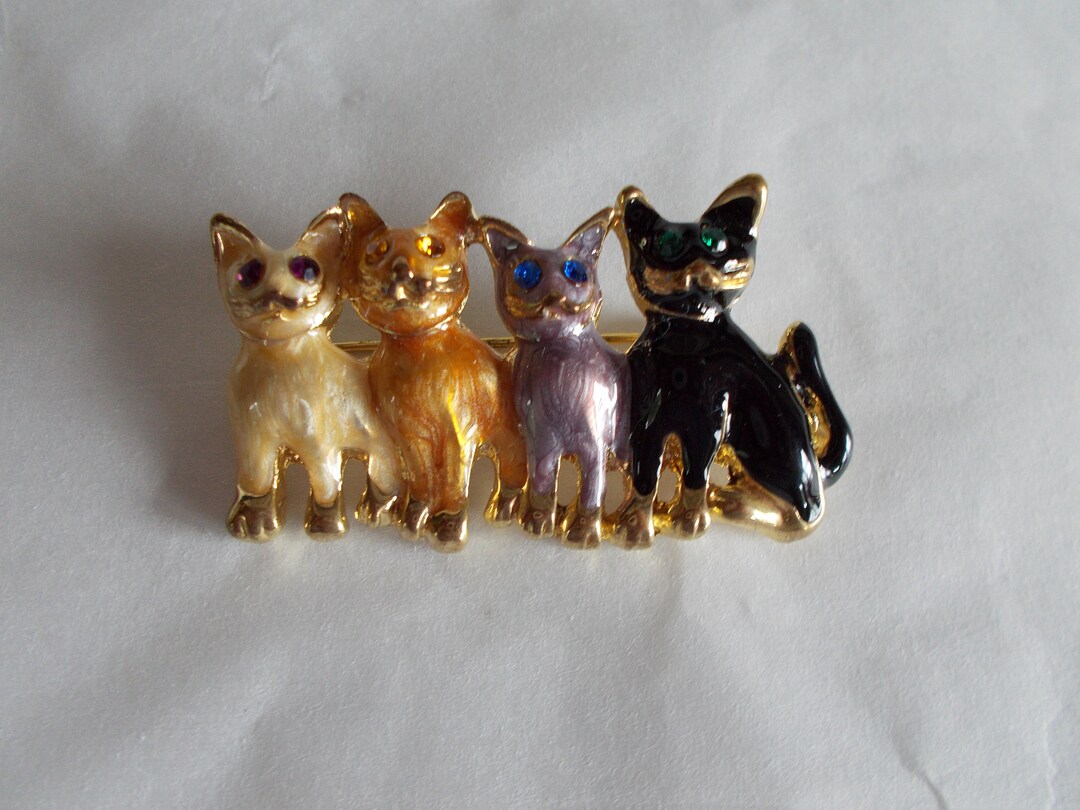 Vintage 4 Metal Enamel Cats on A Brooch - Etsy
