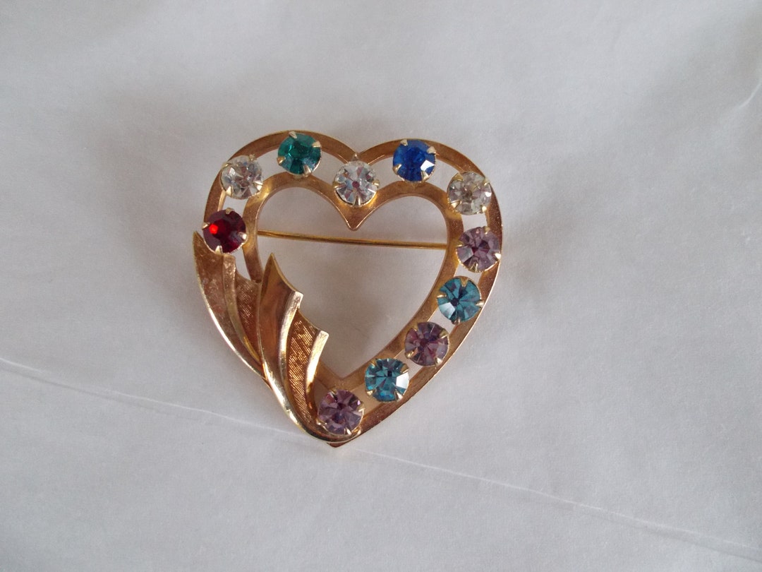 Vintage Rhinestone Heart Brooch 120 Gold Filled - Etsy