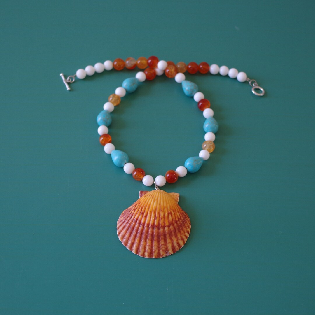 Orange Sunset Scallop Seashell Teardrop Turquoise Magnesite Gemstone ...