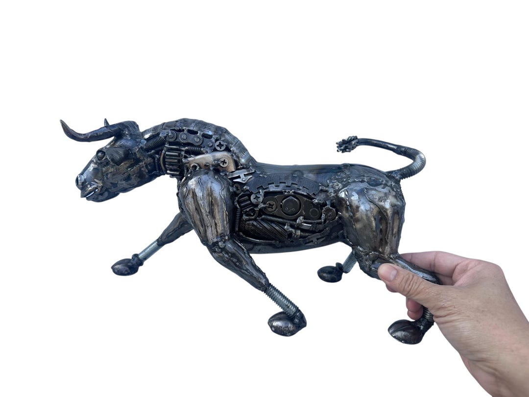 Recycled Steel Charging Bull Sculpture – Handmade Industrial Farm ...