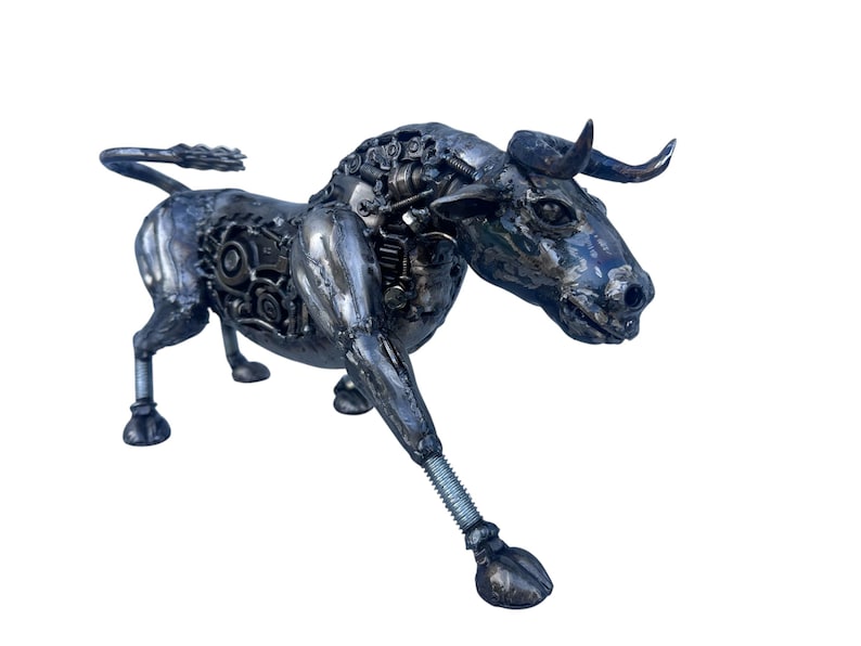 Recycled Steel Charging Bull Sculpture – Handmade Industrial Farm ...