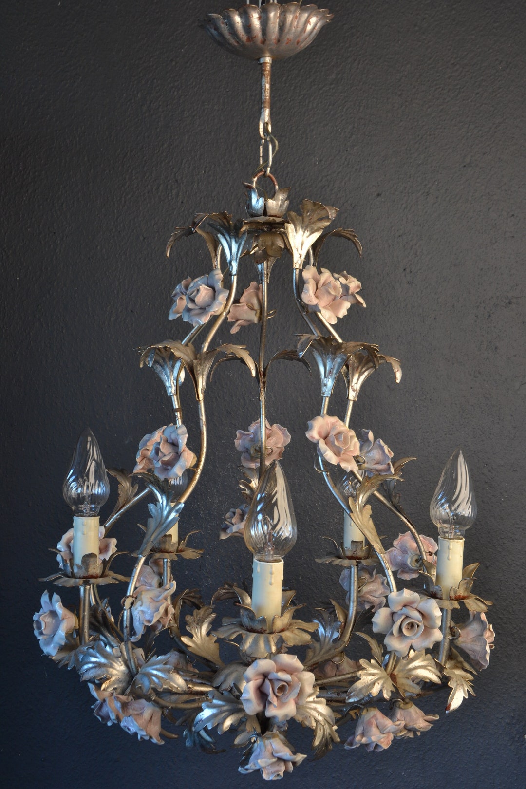 Beautiful Tole Flower Chandelier With Pink Flowers(2022069) - Etsy