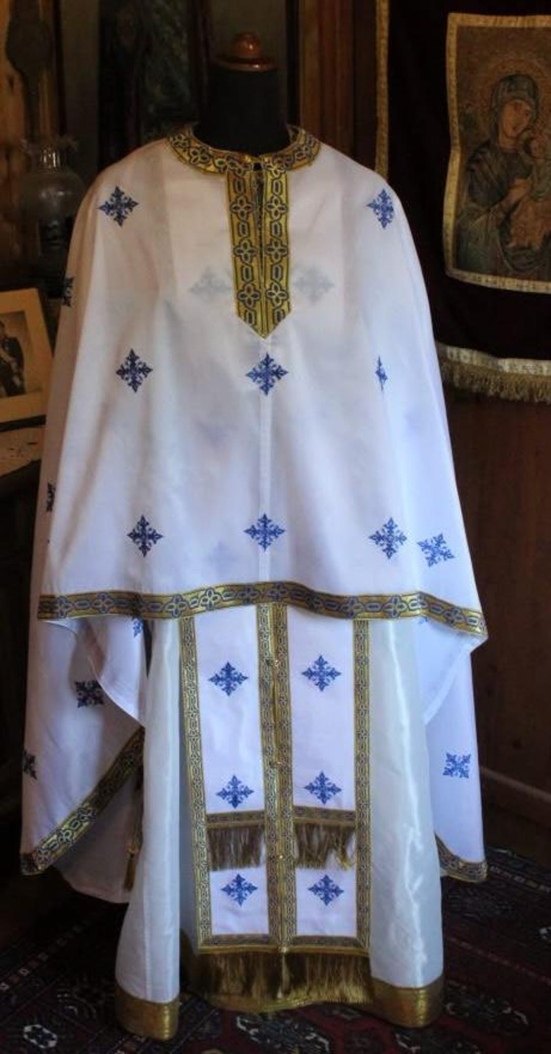 Priest's Lightweight White Orthodox Vestments With Blue-gold Embroidery ...