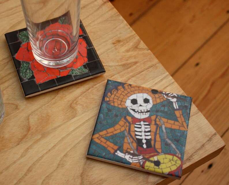 Mexican Day of the Dead Ceramic Tile / Coaster Skeleton Playing the ...