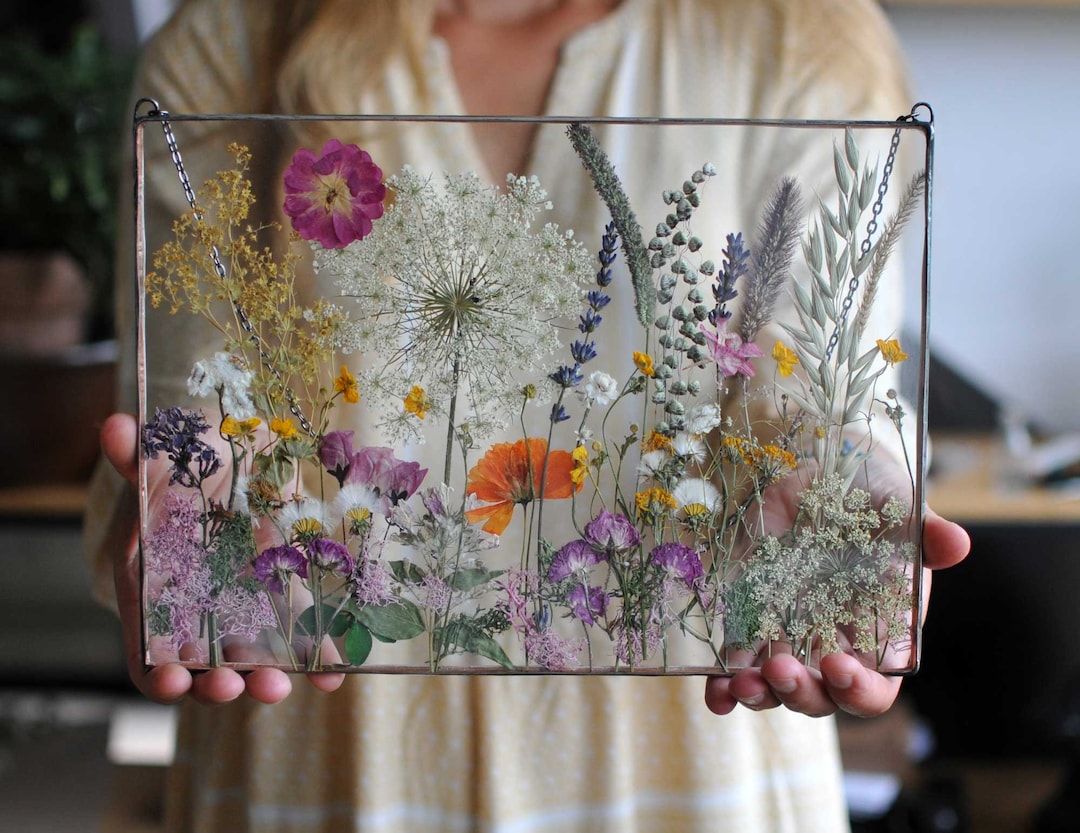 Pressed Flower Glass Decor – Real Dried Flowers in Stained Glass Frame ...