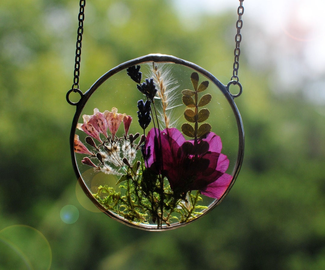 Pressed Flower Frame – Botanical Wall Art in Glass, Hanging Stained ...