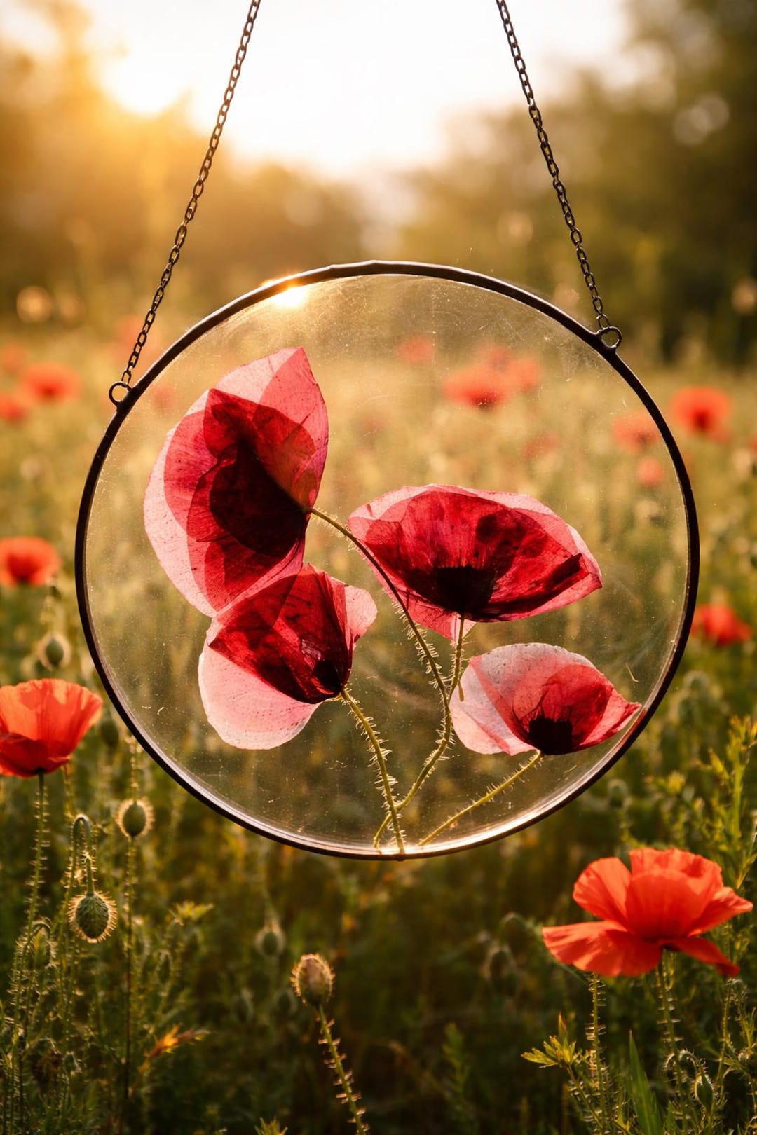 Pressed Poppy Flower Glass Wall Art – Large Round Floating Frame With ...