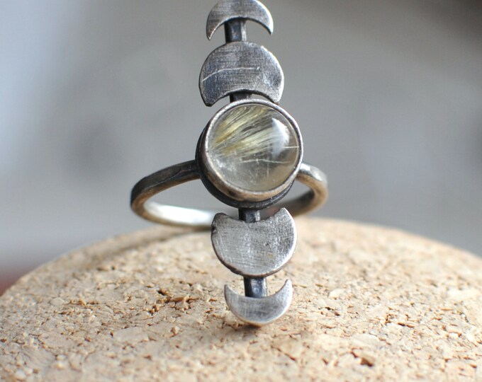 Celestial Ring, 6.0 US, Rutilated Quartz Ring, Moon Phase Ring, Moon Cycle Ring, Celestial ...