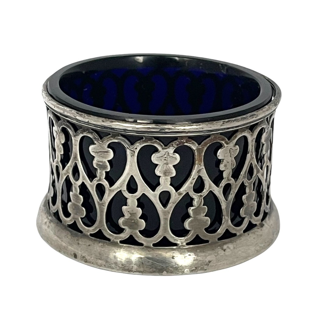 Antique Silver Plated Salt Cellar, Open Salt Dish Blue Glass Liner ...
