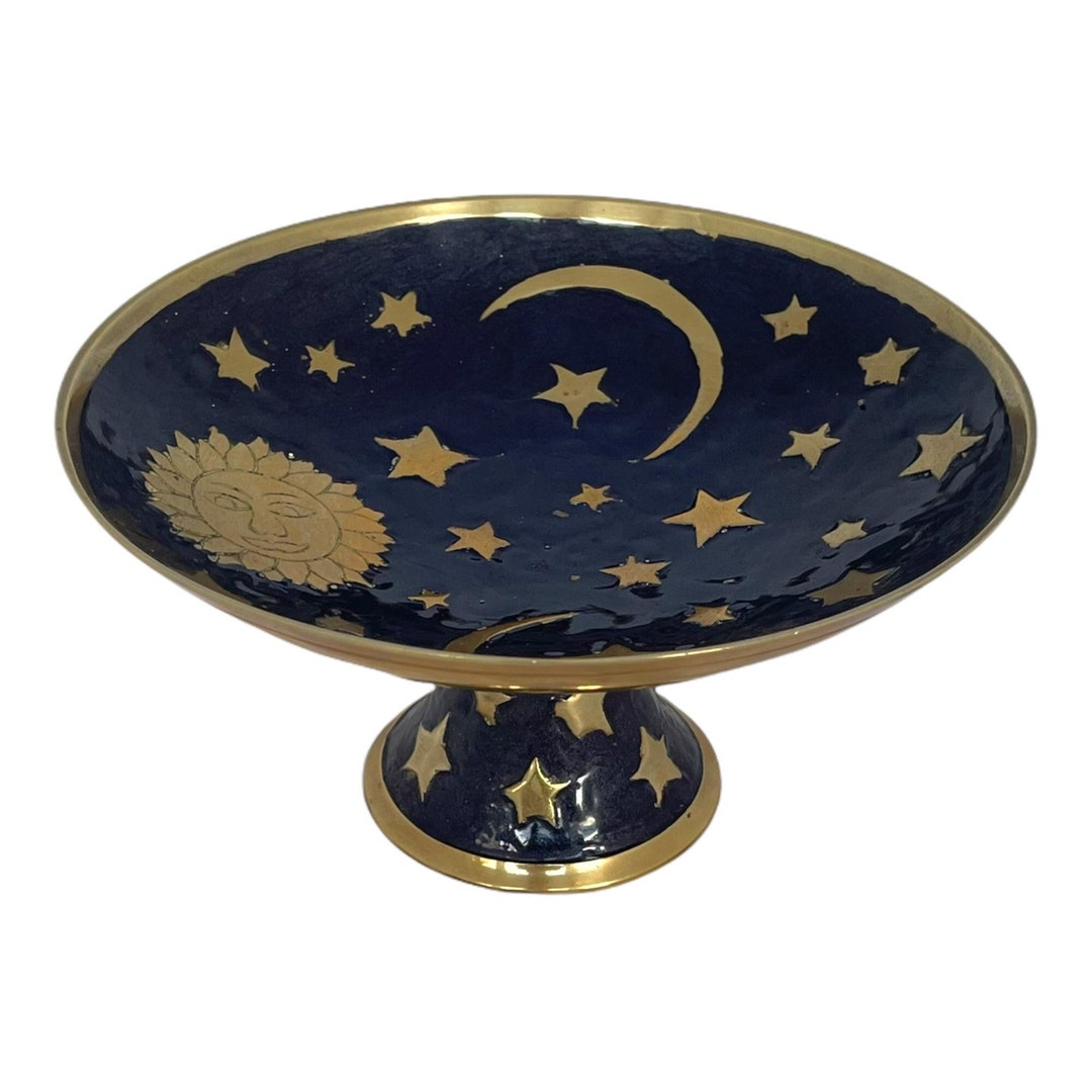 Vintage Large Brass Sun Moon & Star Dish, Enamelled Trinket Dish ...