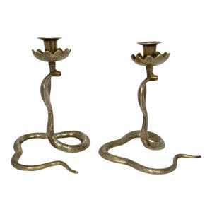 Vintage Brass Snake Candle Holders, Two Large Enameled Cobra Snake ...