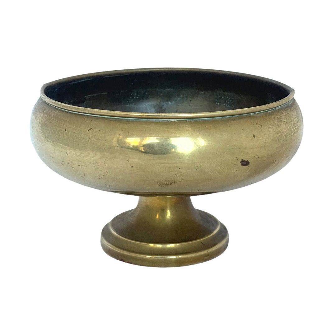 Vintage Brass Pedestal Planter, Rustic Plant Pot Holder, Shallow Indoor ...
