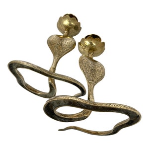 Vintage Brass Snake Candle Holders, Two Large Enameled Cobra Snake ...